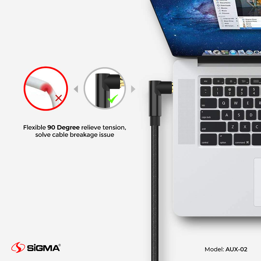 Sigma - 90° Angle Design Aux Stereo Audio Cable – Metal Shell Housing ...