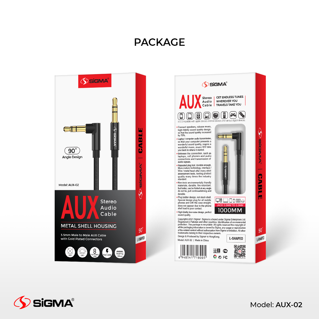 Sigma - 90° Angle Design Aux Stereo Audio Cable – Metal Shell Housing ...